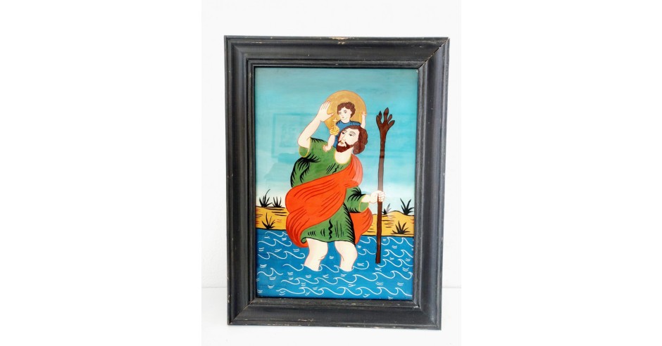 Icoana pe sticla, Sf. Ioan Botezatorul cu Iisus copil, veche, rama lemn ...