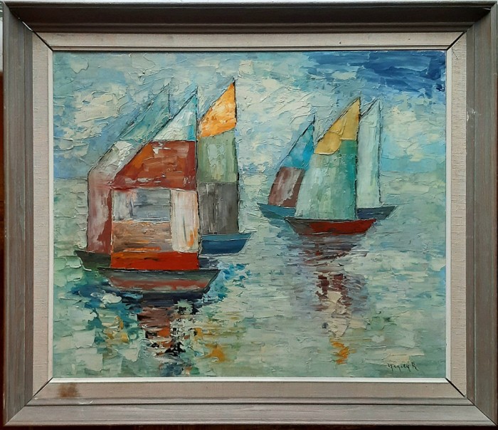 Peisaj marin cu veliere - semnat Negely R., Marine, Ulei, Altul | Okazii.ro