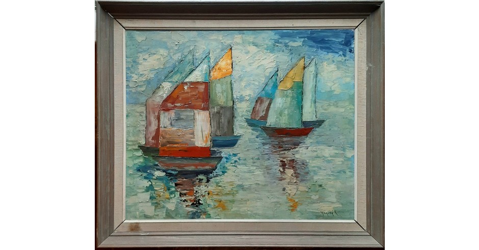 Peisaj marin cu veliere - semnat Negely R. | arhiva Okazii.ro