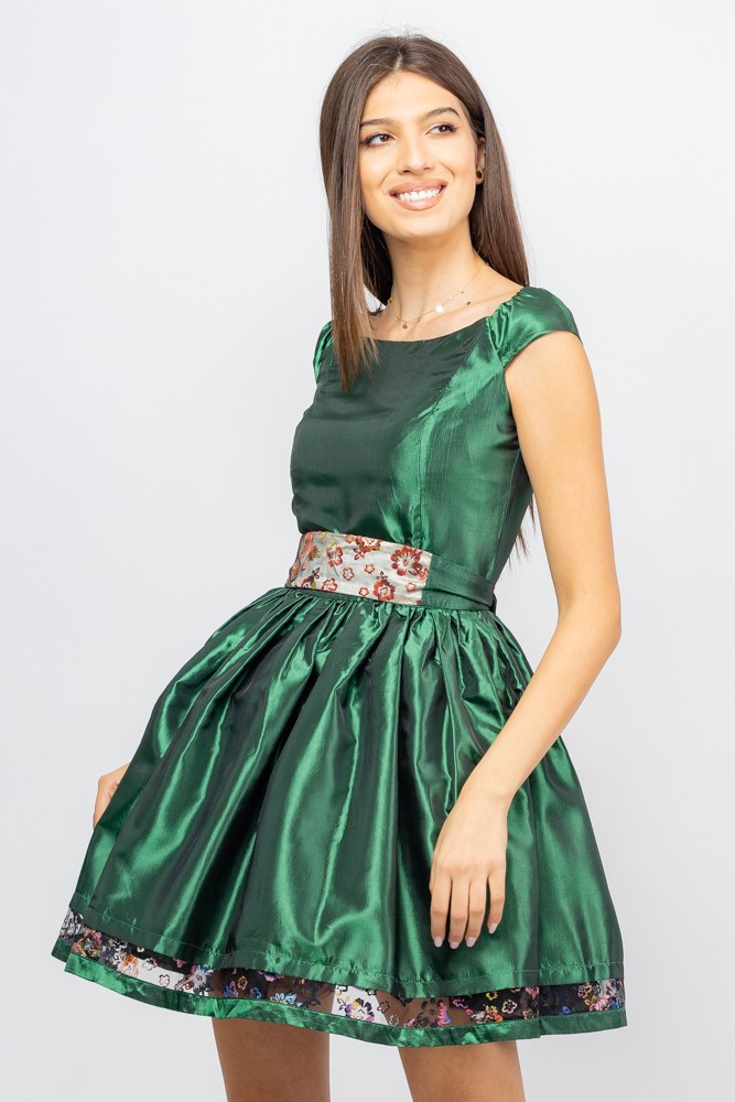 Rochie eleganta cu jupa din tull, din satin verde metalizat si ...