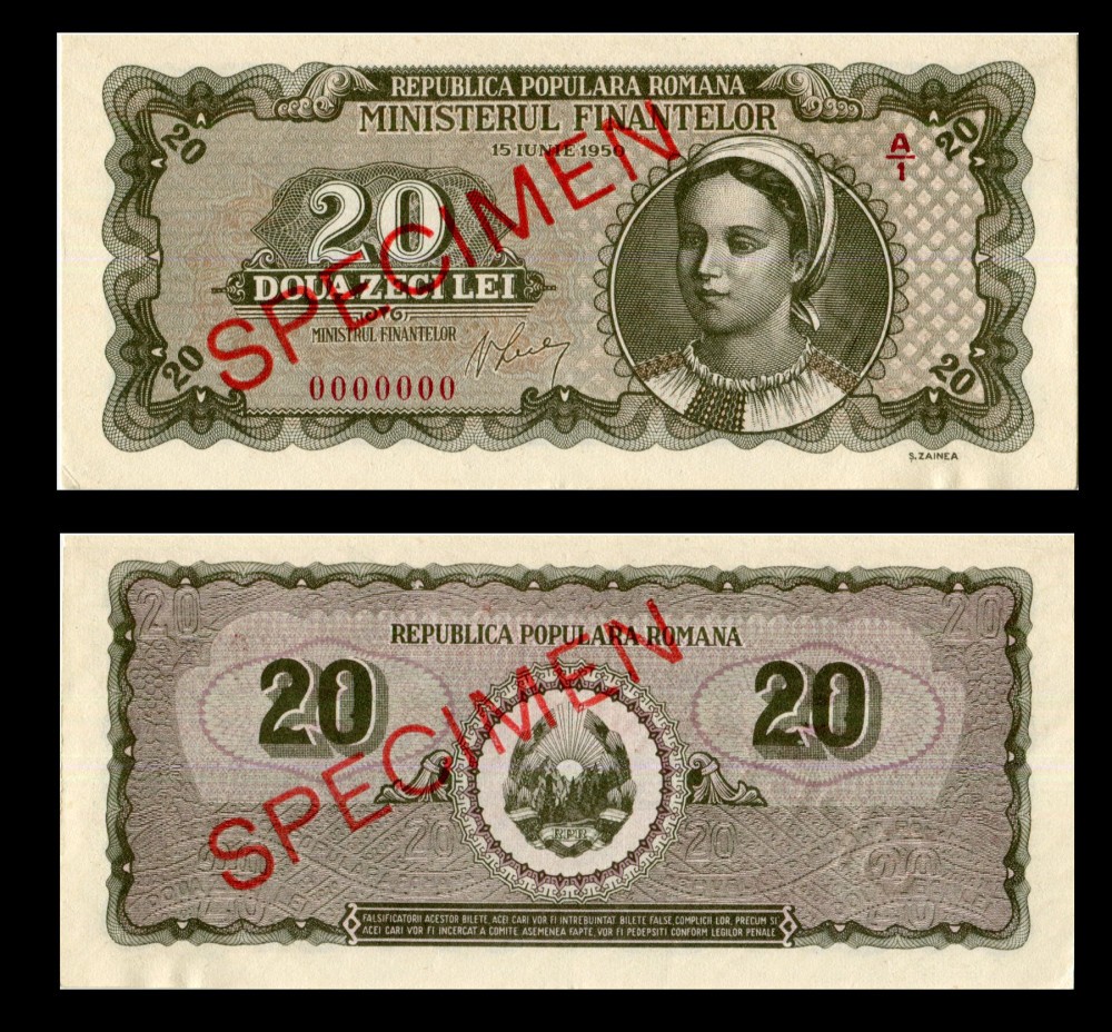 Bancnote romanesti, bani vechi, 20 lei 1950 SPECIMEN -UNC | arhiva ...