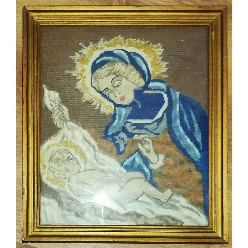 Tablou Goblen Vechi cusut manual Fecioara Maria cu Pruncul Isus 35x40 ...