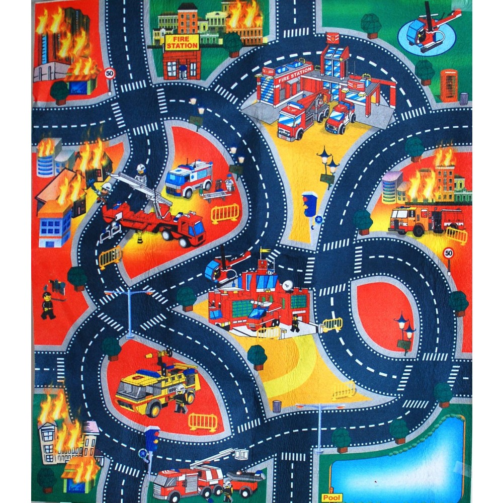 Covor de jucarie pentru copii, traseu pompieri cu 3 masini si semne de ...