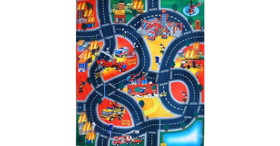 Covor de jucarie pentru copii, traseu pompieri cu 3 masini si semne de ...