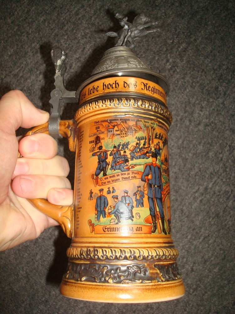 Halba bere ceramica capac zinc, germana WW 1/model rezervist/Decor ...