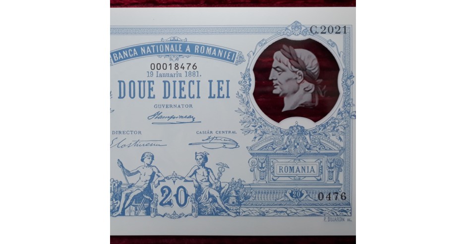 20 lei 1881 Prima bancnota romaneasca Romania+pliant+plic BNR emisa ...