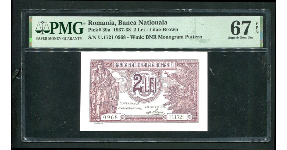 Bancnota 2 Lei 1938 Necirculata UNC, Gradata PMG 67 EPQ, Numismatica | Okazii.ro