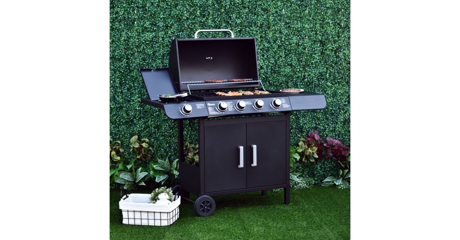 Outsunny Gratar pe Gaz cu 5 Arzatoare Rafturi Laterale si Dulap ...