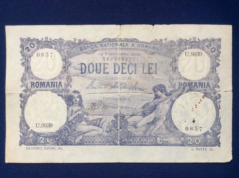 Bancnote Romania - 20 lei 1929 - seria U.9639 0857 (starea care se vede ...