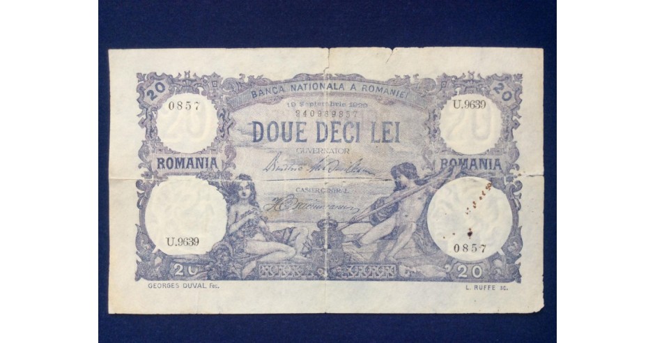 Bancnote Romania - 20 lei 1929 - seria U.9639 0857 (starea care se vede ...