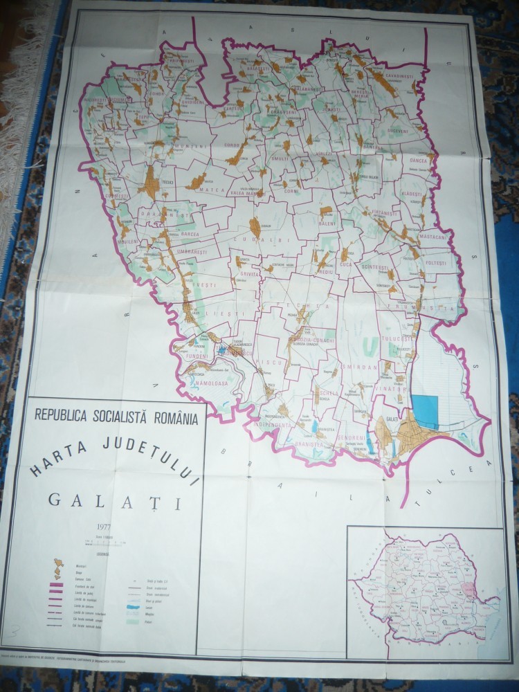 Harta mare a Judetului Galati 1977 , dim. = 127x85cm , RSR Inst ...