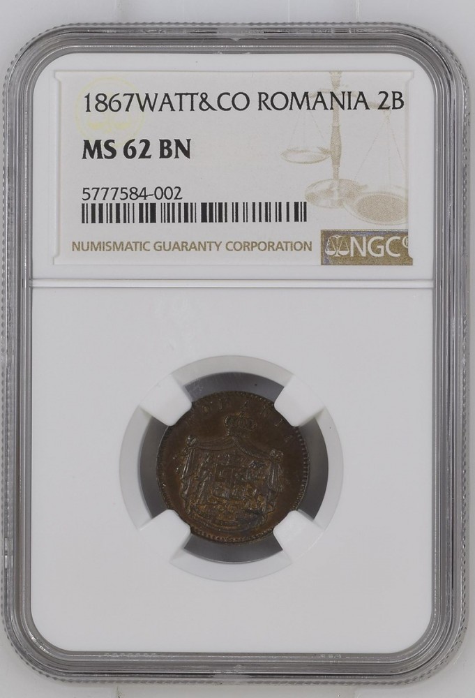 Romania Carol I 2 Bani 1867 Watt&Co gradata NGC MS62 BN | arhiva Okazii.ro