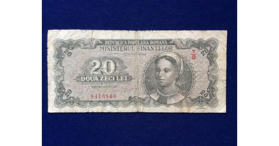 Bancnote Romania - 20 lei 1950 - seria T. 0410866 (starea care se vede ...