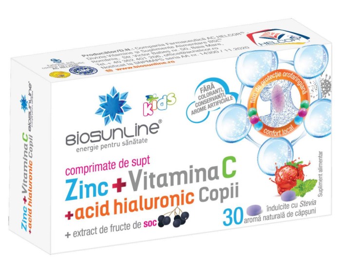 Zinc cu Vitamina C si Acid Hialuronic pentru Copii 30 comprimate de ...