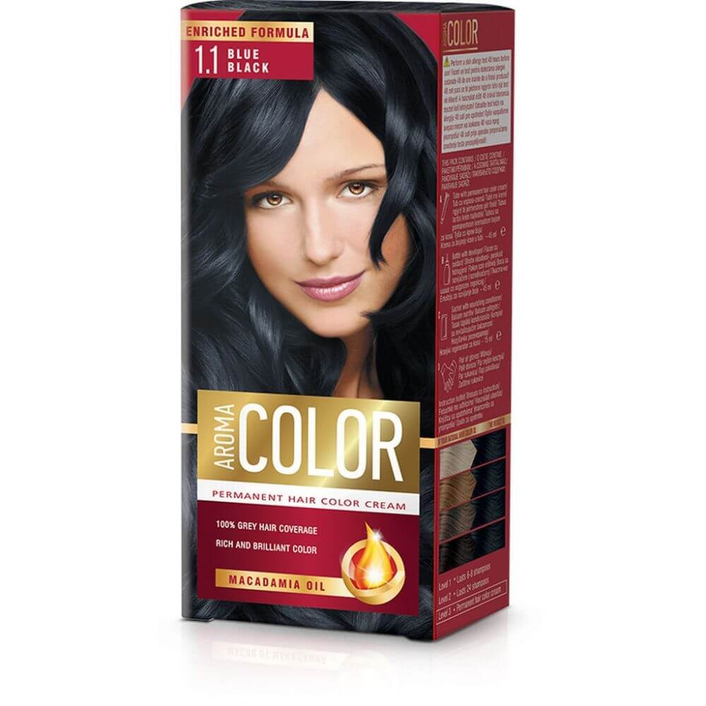 Vopsea de Par AROMA Color, 1.1, Negru Albastrui, 90 ml, Permanenta ...