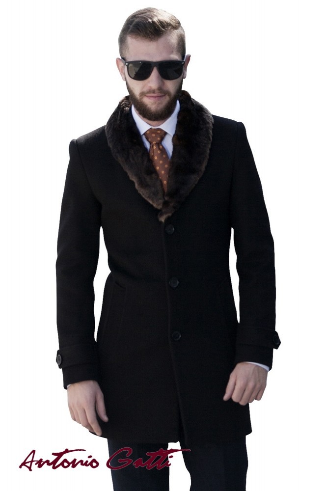Palton Barbati Elegant Lung din Lana si Casmir cu Guler de Blana Maro ...