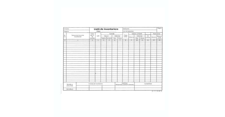 Lista inventar 14 coloane, format A4, orientare vedere, 100 file ...