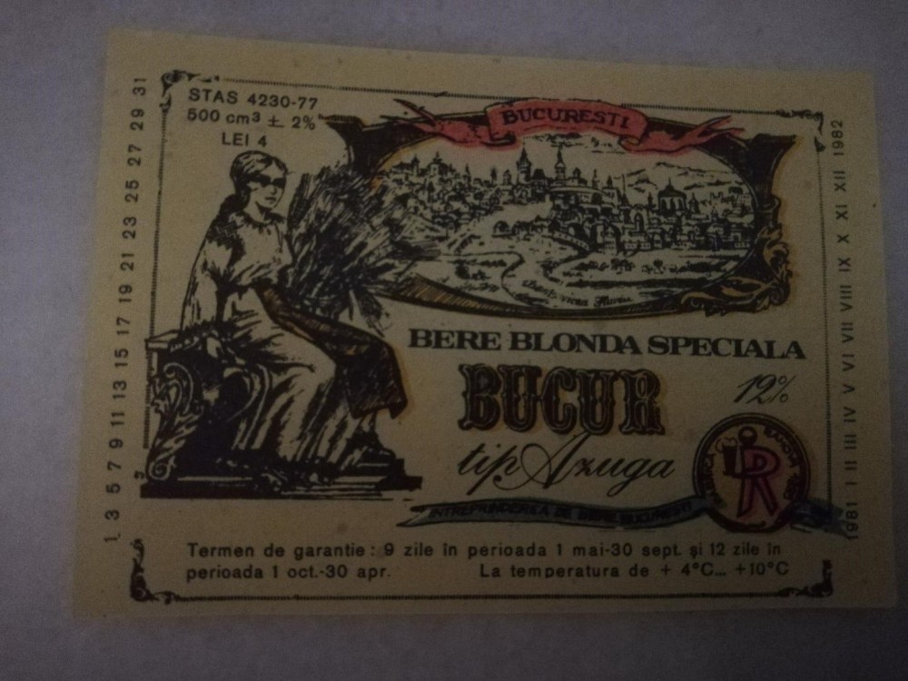 Eticheta bere Romania - BUCUR tip AZUGA - 1982 ( mica ) | arhiva Okazii.ro