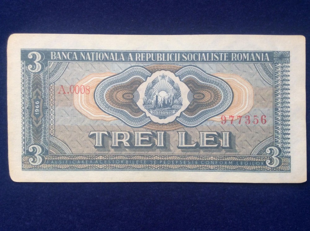Bancnote Romania - 3 lei 1966 - seria A.0008 977356 (starea care se ...