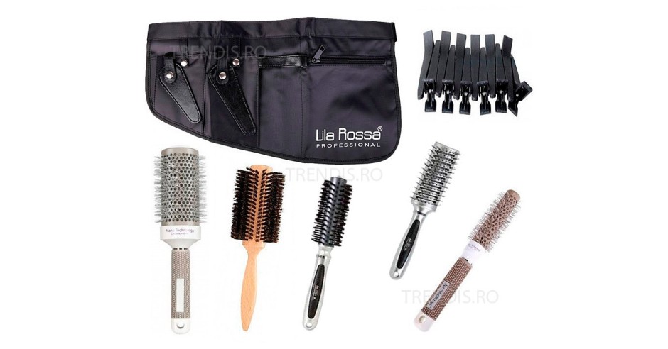 Set kit frizerie coafor cu perii ceramice profesionale si sort borseta ...