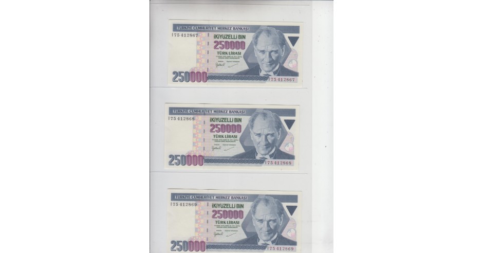 M1 - Bancnota foarte veche - Turcia - 250 000 lire - 3 bucati serii ...
