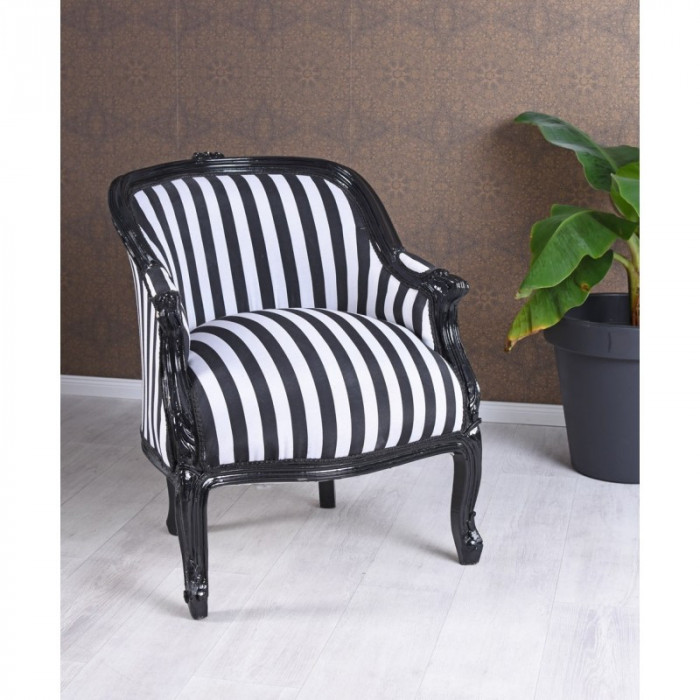 Fotoliu din lemn masiv negru cu tapiterie din stofa neagra cu dungi ...