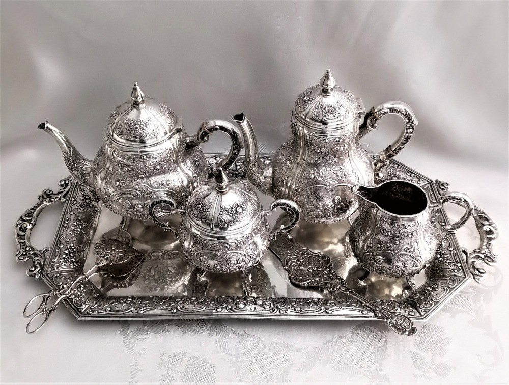 SERVICIU DE CEAI SI CAFEA DIN ARGINT MASIV 800 STILUL ROCOCO ANII 1900 ...