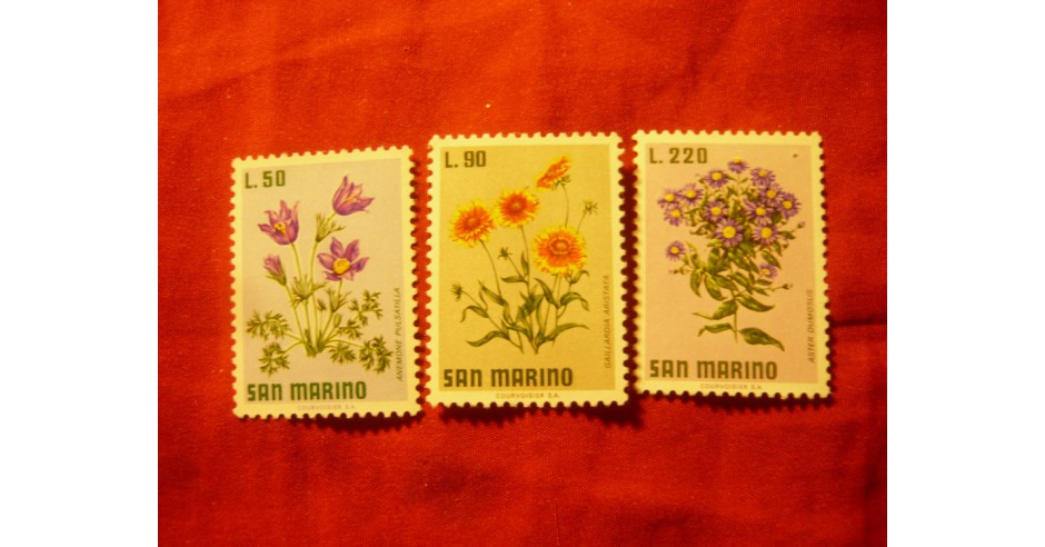 3 Timbre San Marino 1971 - Flori, val. 50 ,90 si 220 lire, Nestampilat ...