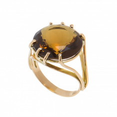 Inel din aur galben 18K, cuart fumuriu circular, circumferinta 56 mm ...