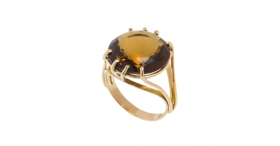 Inel din aur galben 18K, cuart fumuriu circular, circumferinta 56 mm ...