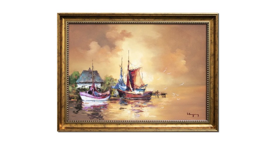 Tablou apus de soare cu veliere pictat manual inramat, 80x60cm ulei pe ...