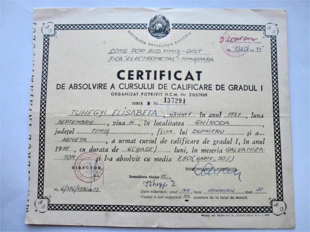 Diploma / Certificat de Calificare, Timisoara 1975: Meseria ...