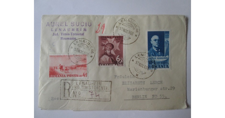 Rara! Scrisoare recomandata 1938 Lenauheim(Judet Timis-Torontal) cu ...