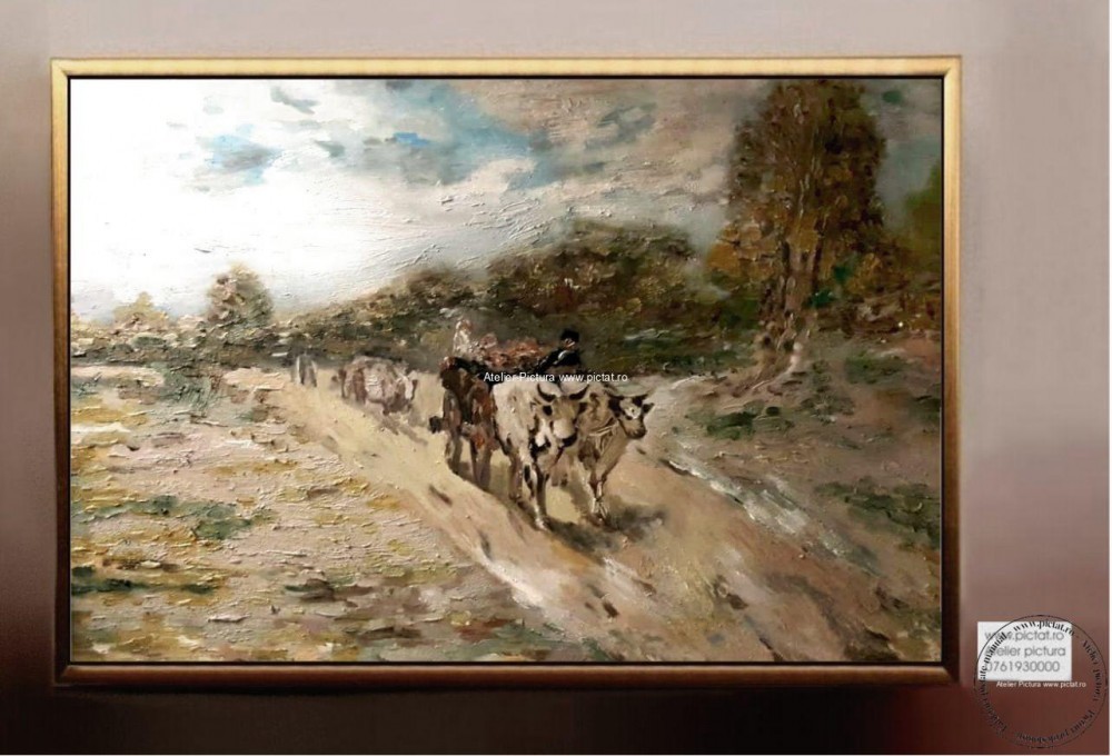 PICTURA CAR CU BOI, TABLOU CAR TRAS DE BOI, PEISAJ RURAL, PICTURA IMPRESIONISTA | arhiva Okazii.ro