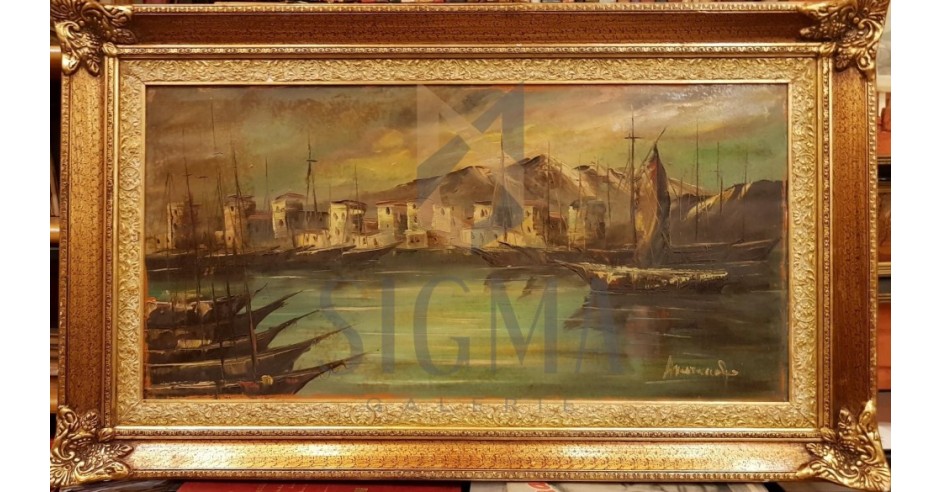 TABLOU "PEISAJ MARIN CU BARCI - MEDITERANA" (Semnatura Indescifrabila ...