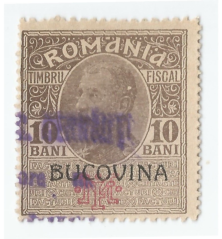Romania, lot 158 cu timbru fiscal local Bucovina, 10 bani, obl ...