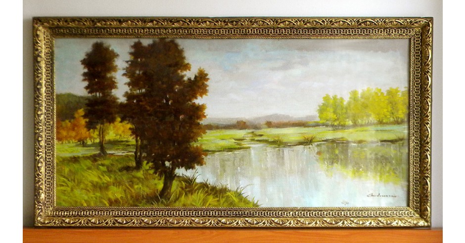 Peisaj de toamna - tablou semnat pictura originala ulei pe carton, rama ...