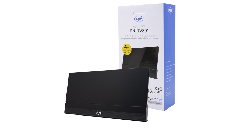 Antena DVB-T2 PNI TV801 cu amplificator, pentru semnal TV digital 30dB ...