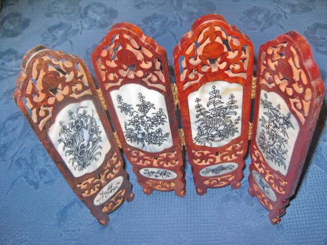 7217-Paravan decorativ mic China sculptat lemn insertie sidef. Stare ...