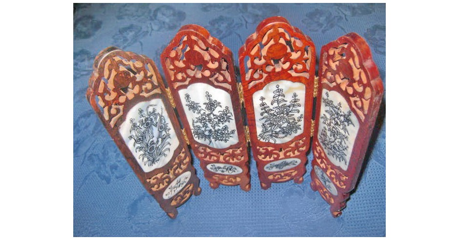 7217-Paravan decorativ mic China sculptat lemn insertie sidef. Stare ...