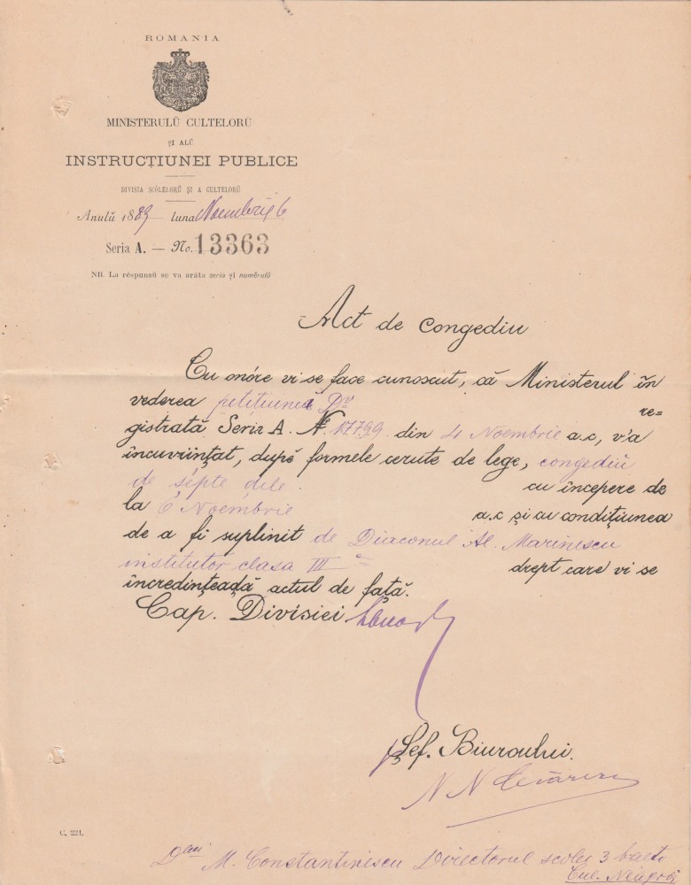 1889 Ministerul Cultelor Instructiunii Publice - Act concediu Scoala Nr ...