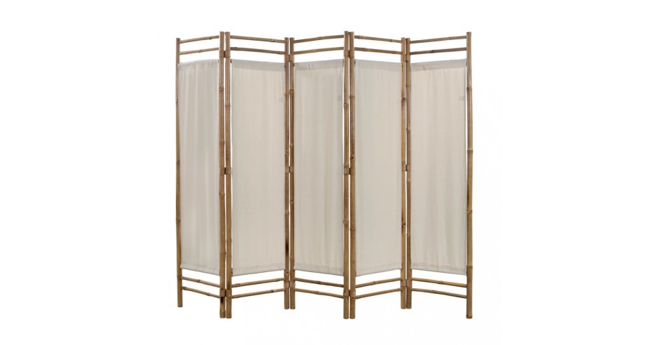 Paravan de camera cu 5 panouri, pliabil, bambus si panza, 200 cm ...