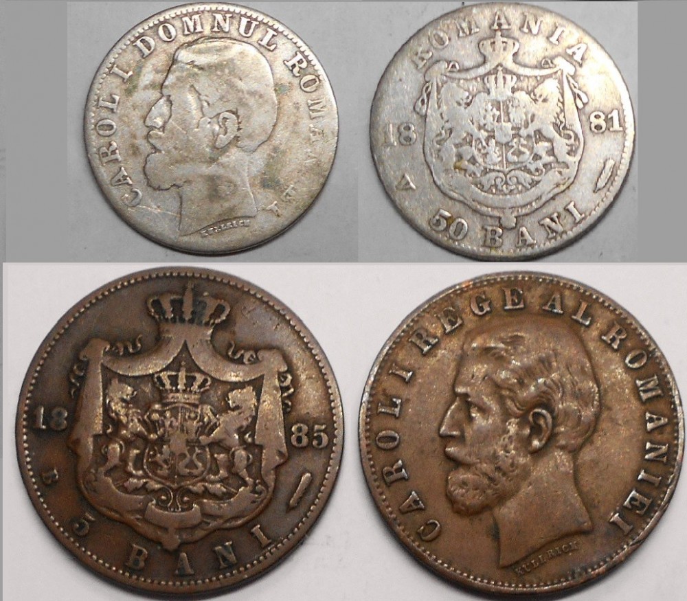 Monede romanesti, bani vechi, 50 bani 1881 -Argint, 5 bani 1885 ...