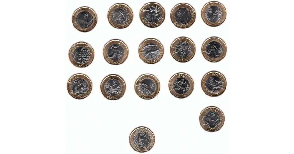 Moneda Brazilia 1 Real 2014-16 - UNC (set x16 bimetalice comemorative J ...