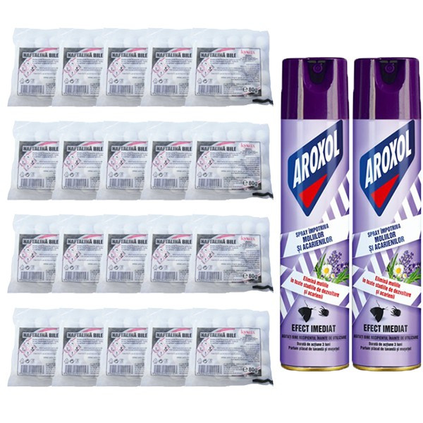 20 x Naftalina bile / plastile 80g + 2 x Aroxol spray anti-molii 250ml ...