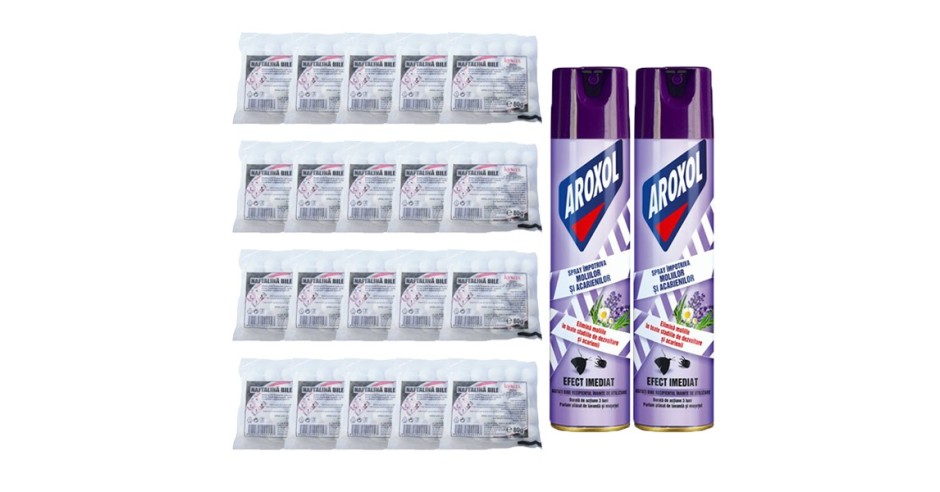 20 x Naftalina bile / plastile 80g + 2 x Aroxol spray anti-molii 250ml ...