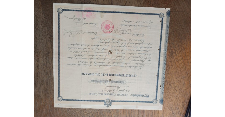 CERTIFICAT DE ABSOLVIRE LICEU, SEMNAT OLOGRAF DE CONSTANTIN MOISIL ...