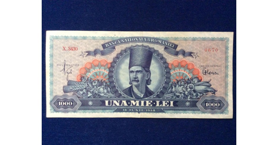 Bancnote Romania - 1000 lei 1948 - seria X.3430 0670 (starea care se ...