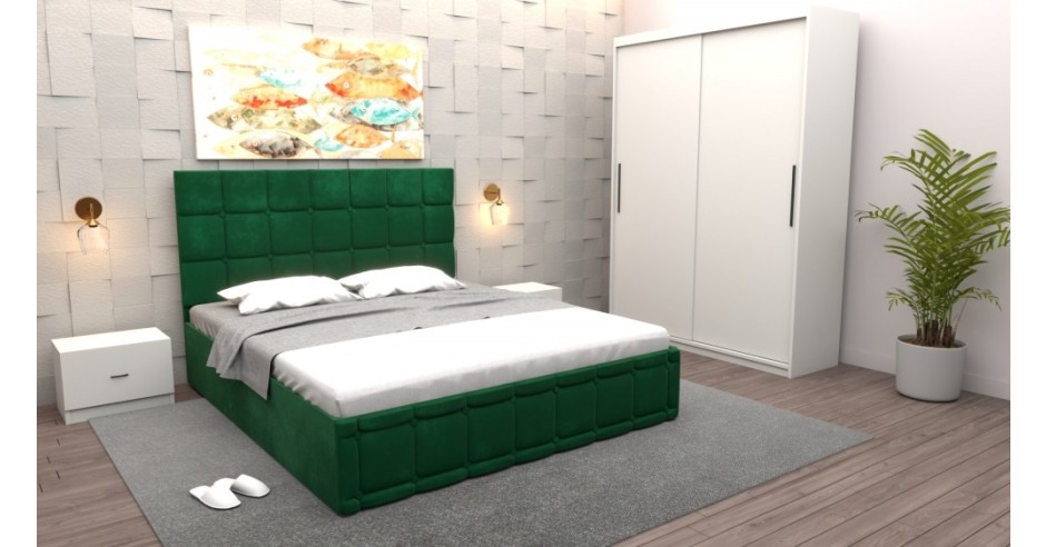 Dormitor Regal cu Pat Tapitat Verde Stofa cu dulap usi glisante Alb ...