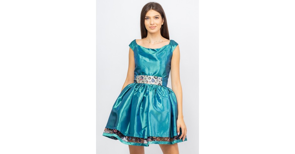 Rochie eleganta cu jupa din tull, din satin turcoaz metalizat si ...